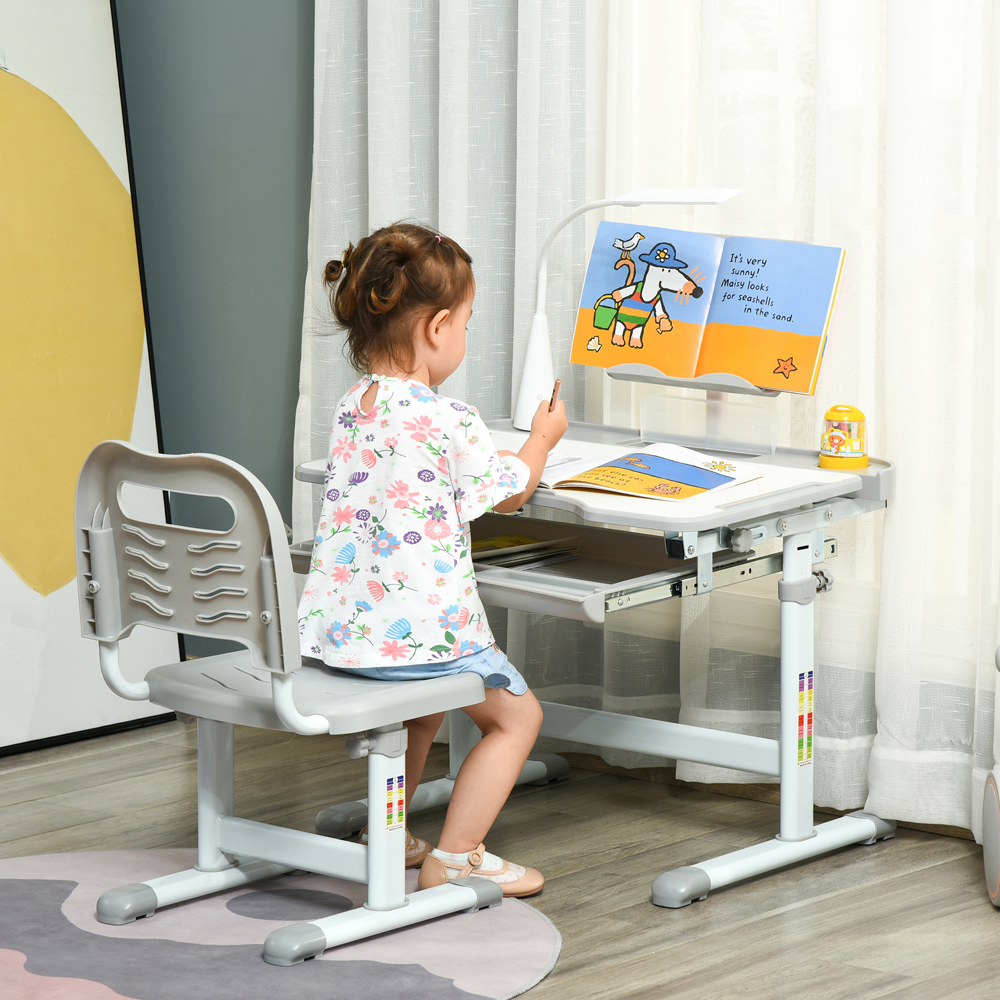 Kids Study Desk and Chair w USB Lamp Adjustable Height Grey Garden Chic